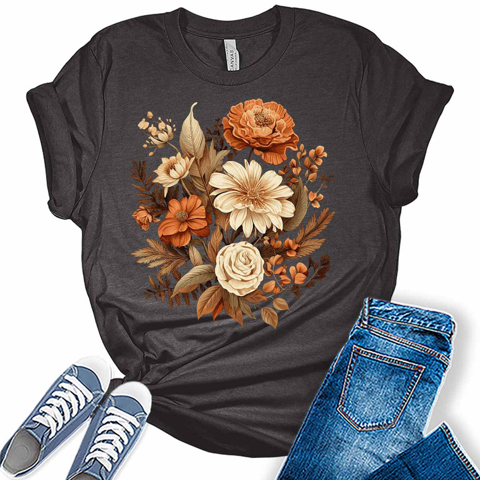 Cottagecore Shirts Fall Floral Graphic Tees for Women Vintage Flower T ...