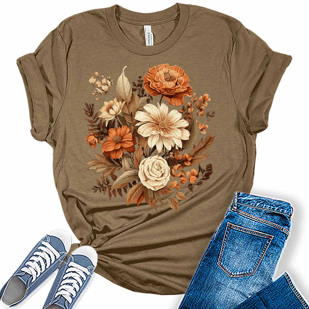 Cottagecore Shirts Fall Floral Graphic Tees for Women Vintage Flower T ...